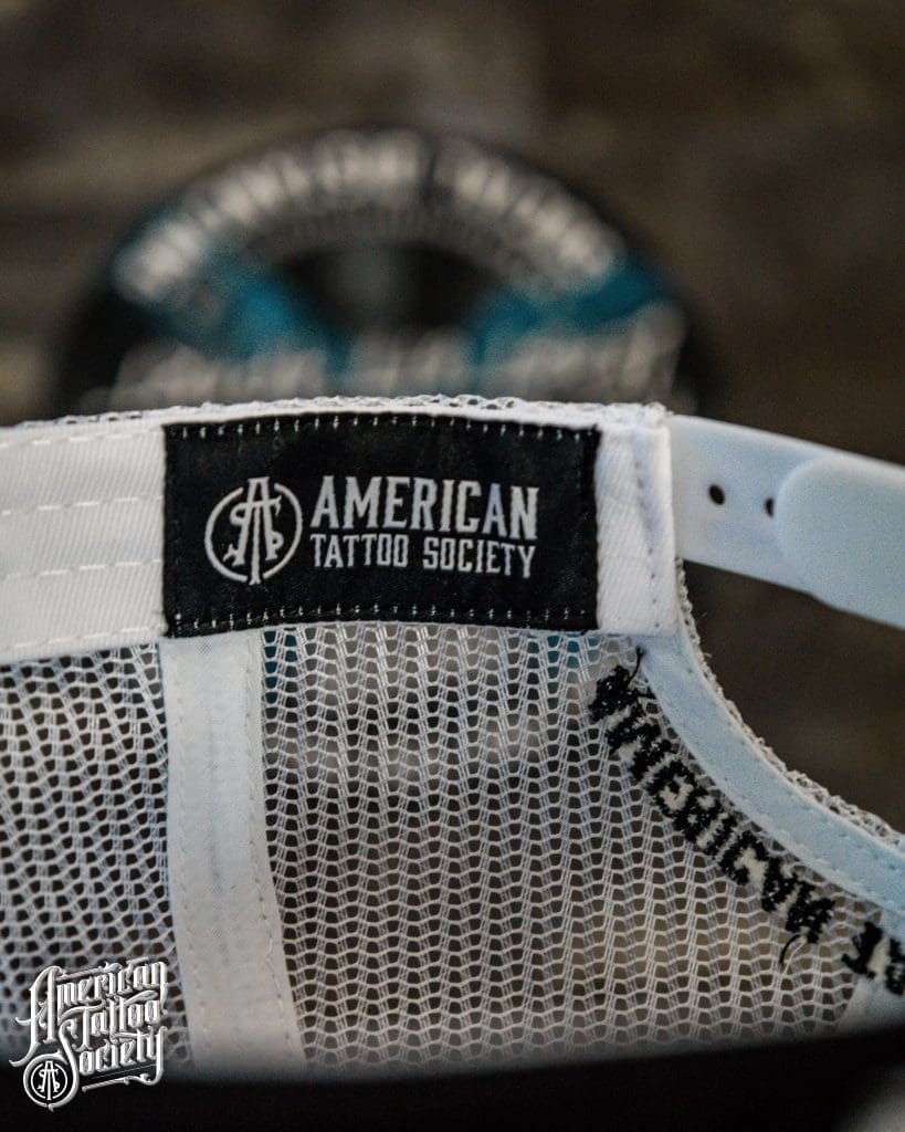 ATS Icon Distressed White Mesh Snapback Trucker Cap | American Tattoo Society