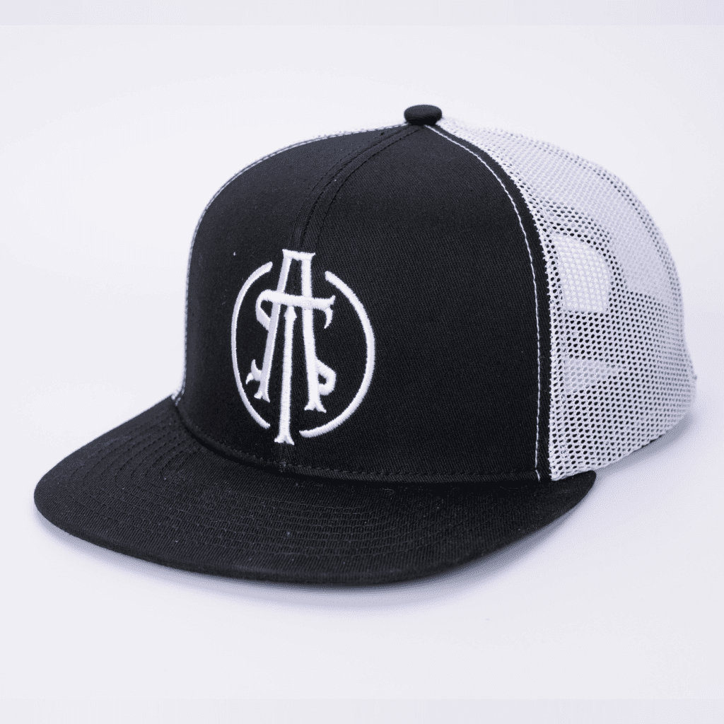 ATS Icon Distressed White Mesh Snapback Trucker Cap | American Tattoo Society